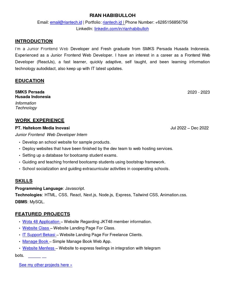 Curriculum Vitae Rian Habibulloh - Software Engineer | PDF