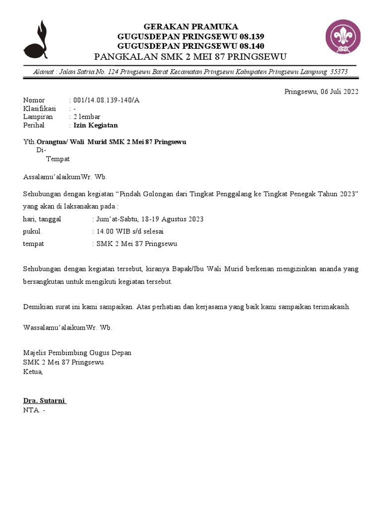 Surat Izin Kegiatan Pingol 2023-2024 | PDF