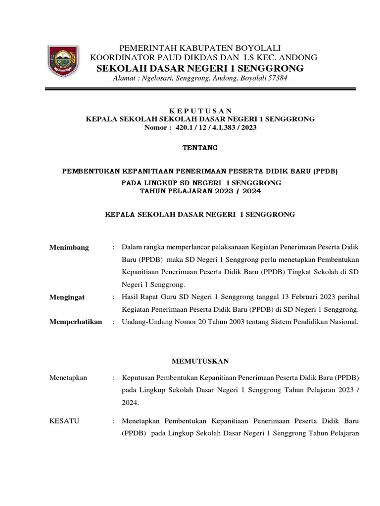 SK Kepanitiaan PPDB 2023-2024 | PDF