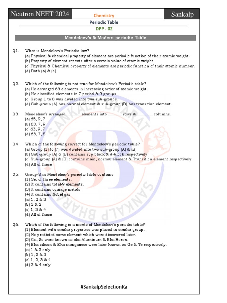 Dpp-2 Periodic Table | PDF | Science & Mathematics | Technology ...