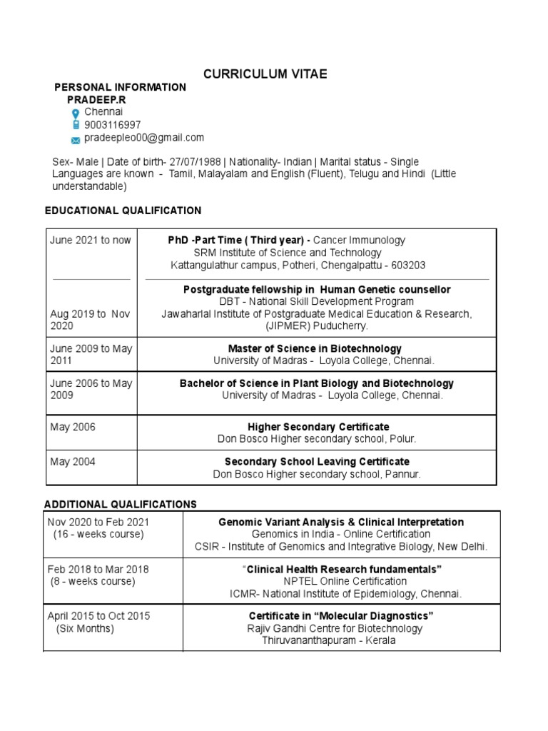 Curriculum Vitae - Pradeep 10.05.2023 | PDF