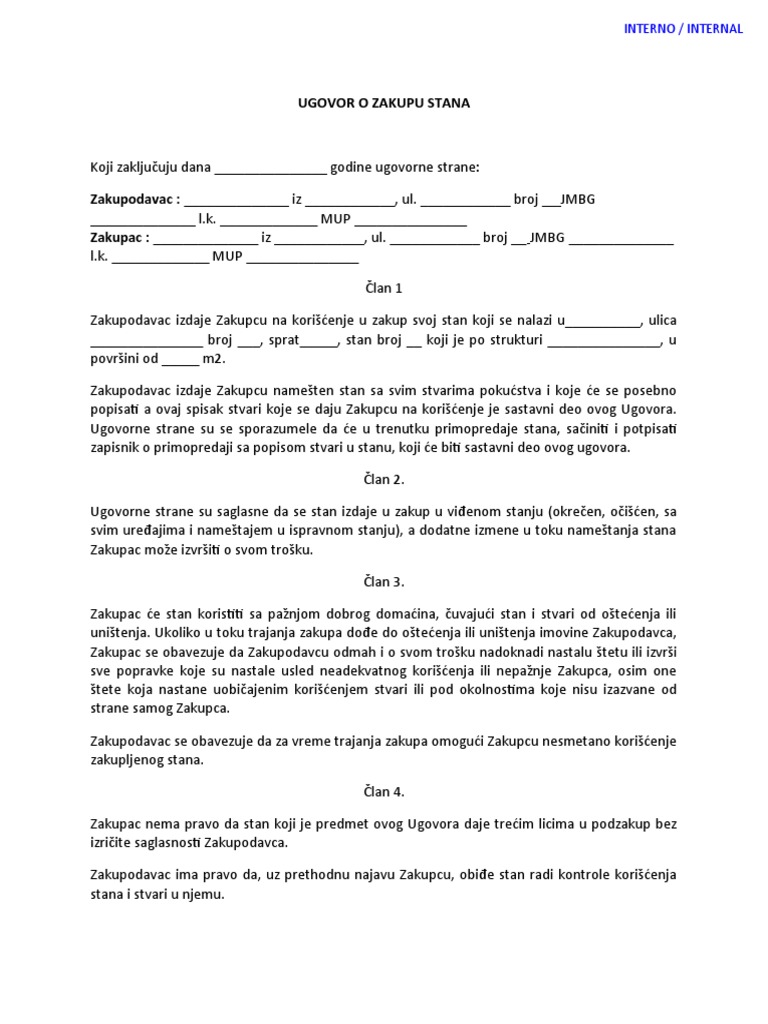 UGOVOR O ZAKUPU STANA Blank | PDF
