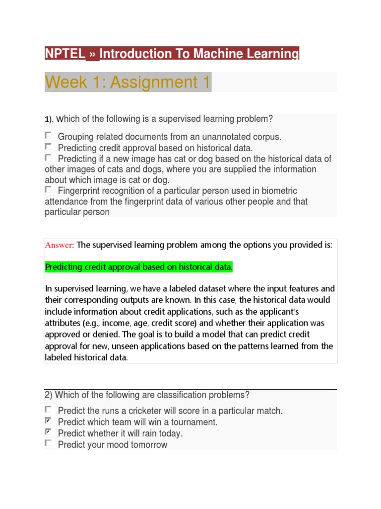 Introduction To Machine Learning Week 1 Assignment 1 Graded | PDF Introduction To Machine Learning Week 1 Assignment 1 Graded | PDF