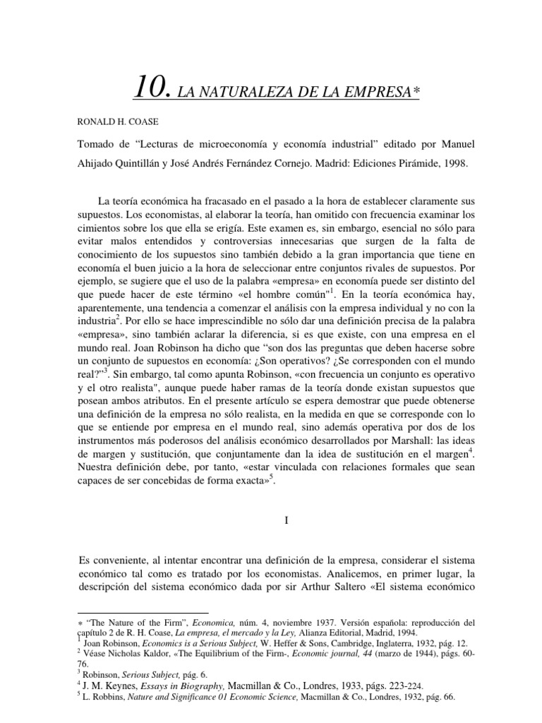 Coase 1937 La Naturaleza de La Empresa | PDF | Mercado (economía) | Monopolio