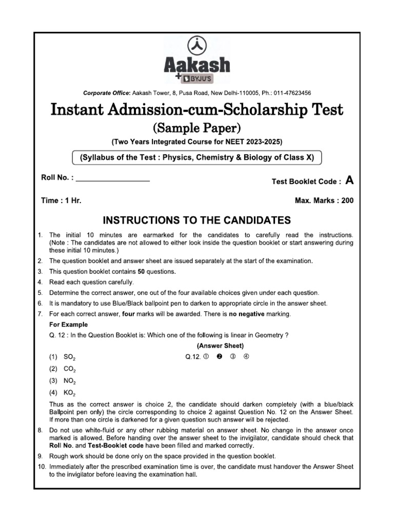 Sample Paper - iACST - Two Year Medical-2023-25 | PDF