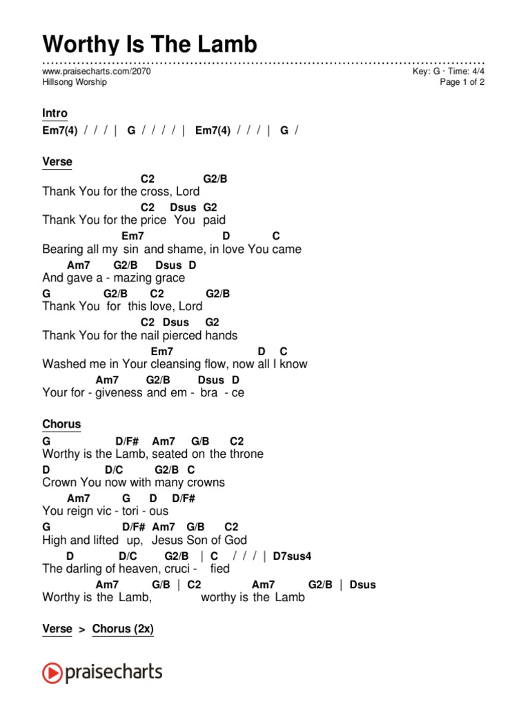 Worthy Is The Lamb (Hillsong Wor... ) Chord Chart - G - 1 Column Layout ...