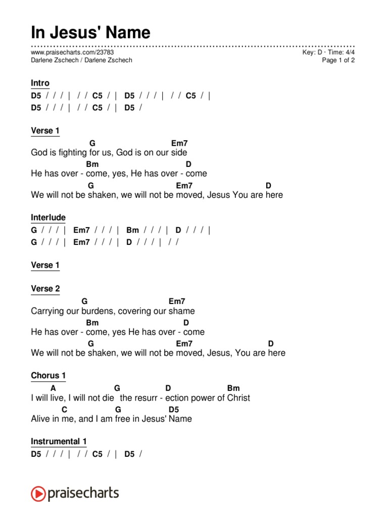 In Jesus' Name (Darlene Zschech) Chord Chart - D - 1 Column Layout | PDF