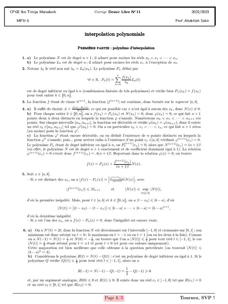 DL - Interpolation Polynomiale.2023.corrigé | PDF
