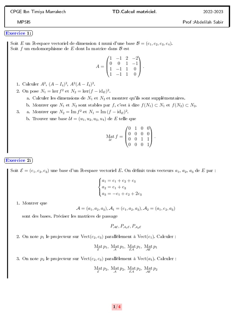 TD - Matrices D'applications Linéaires.2023 | PDF