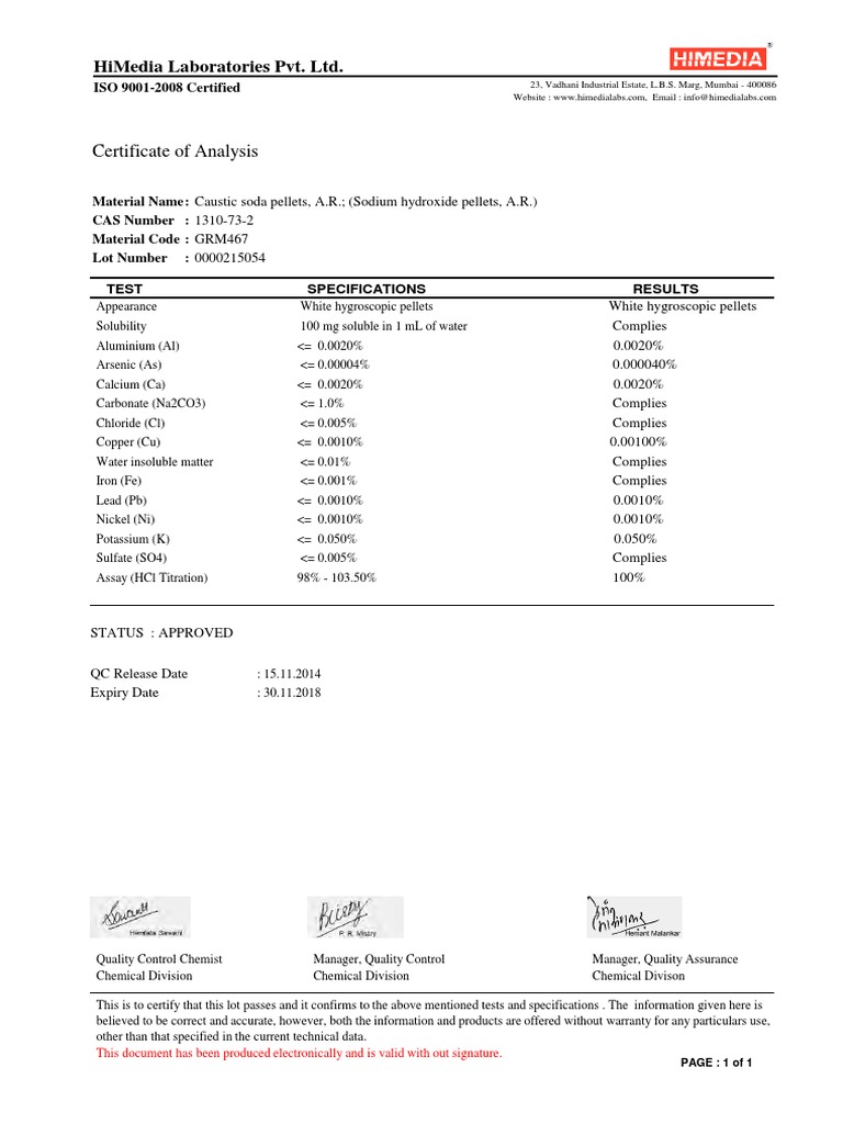 Coa Naoh Himedia | PDF | Sodium Hydroxide | Chemical Compounds