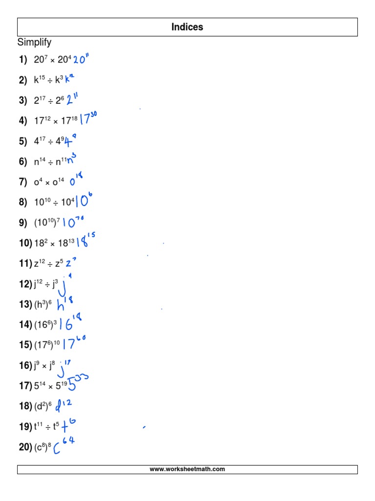 Indices Mixed Maths Homework | PDF