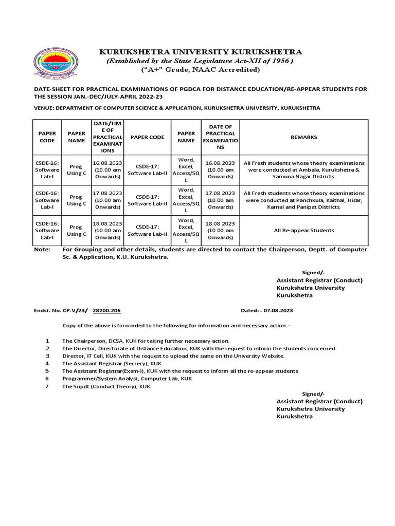 Date Sheet For Practical Examination of PGDCA For Fresh Students of Distance Education and Re ...