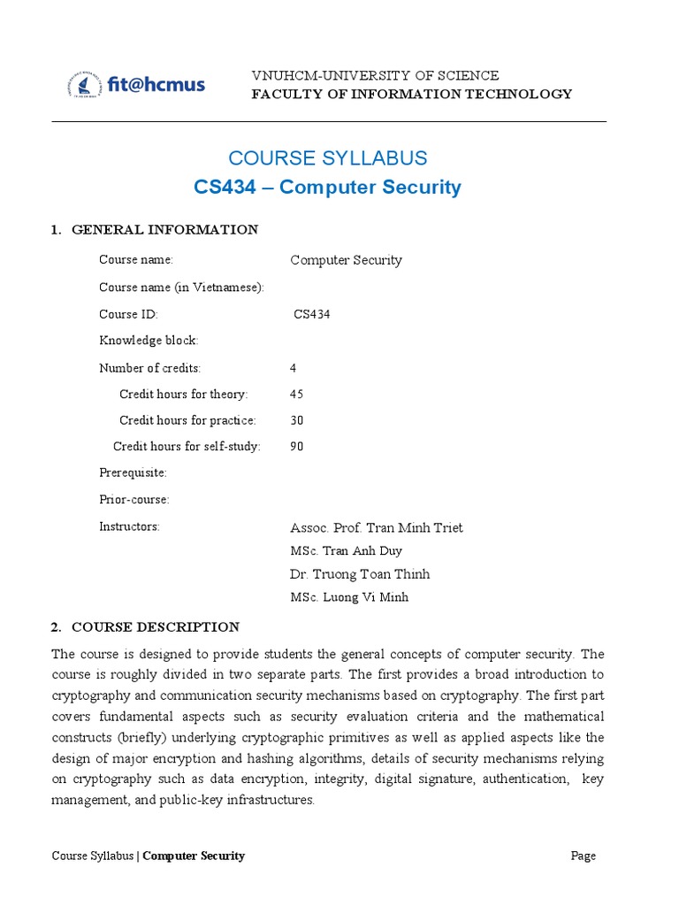 Syllabus CS434 - ComputerSecurity 2021 v1 | PDF