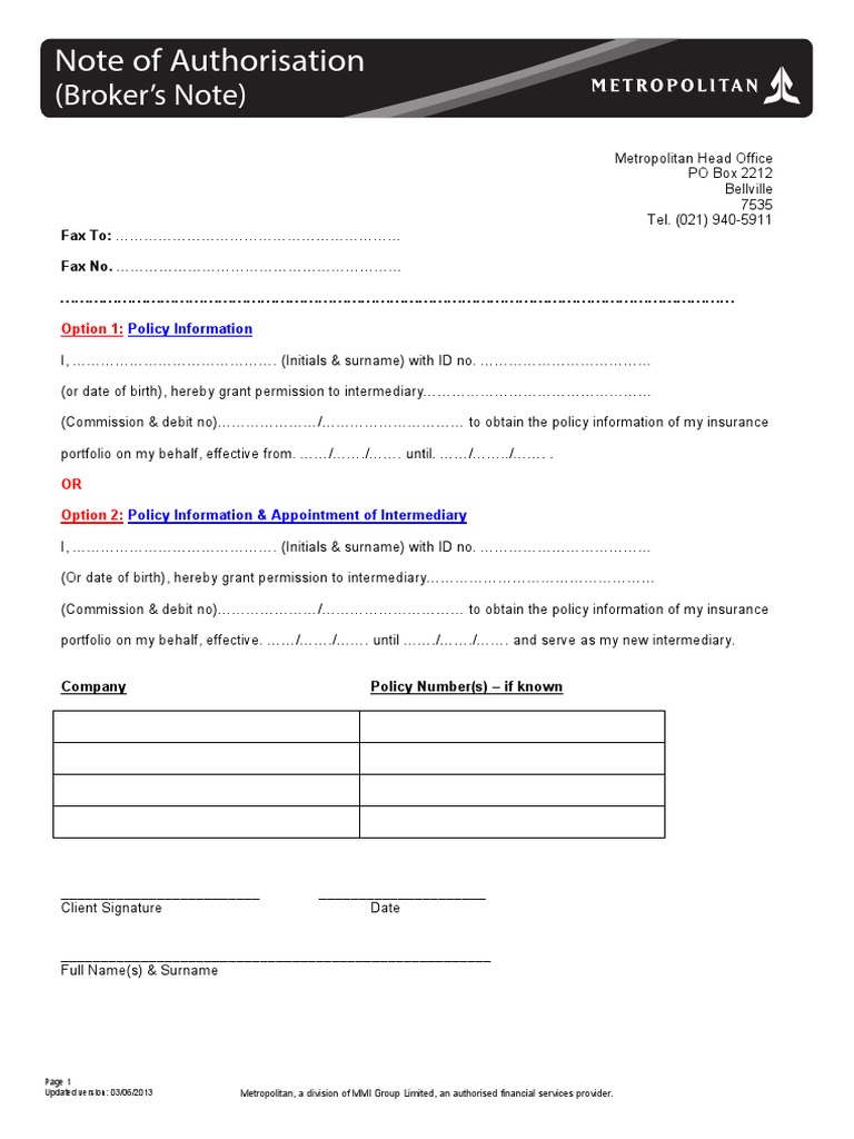 Broker's Note Authorization Form | PDF