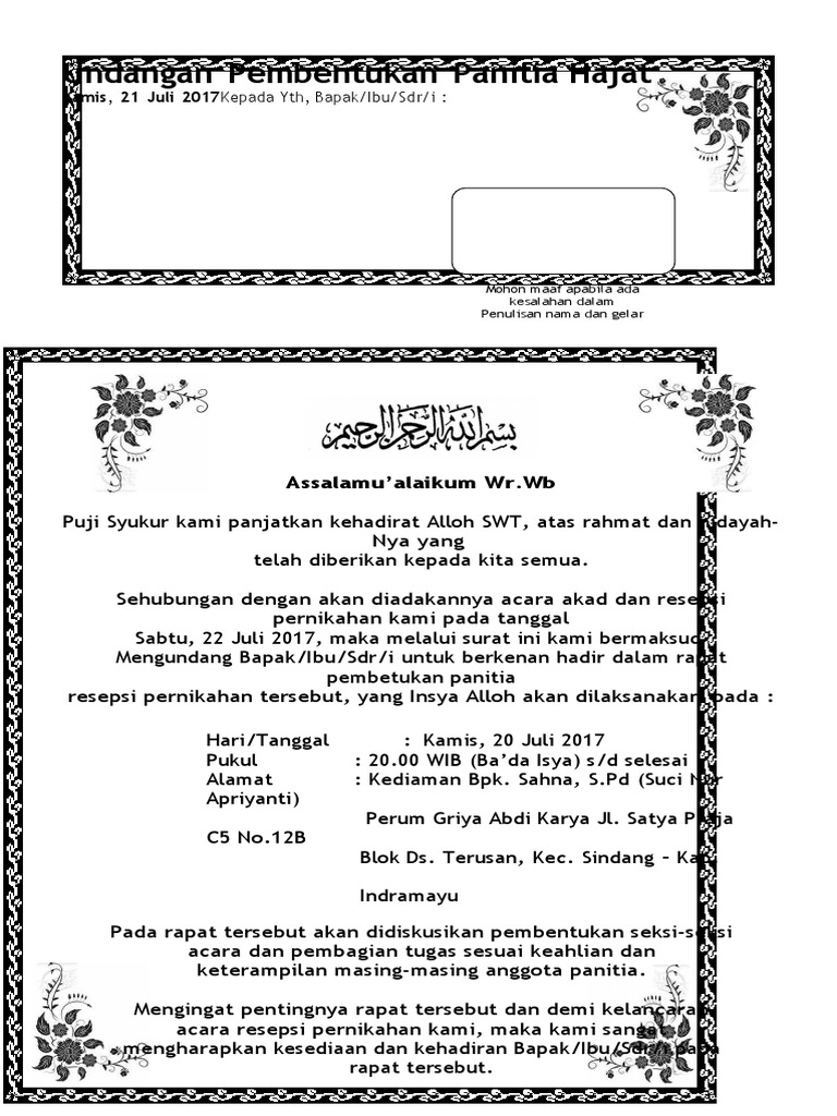 Contoh Surat Undangan Rapat Panitia Pernikahan | PDF