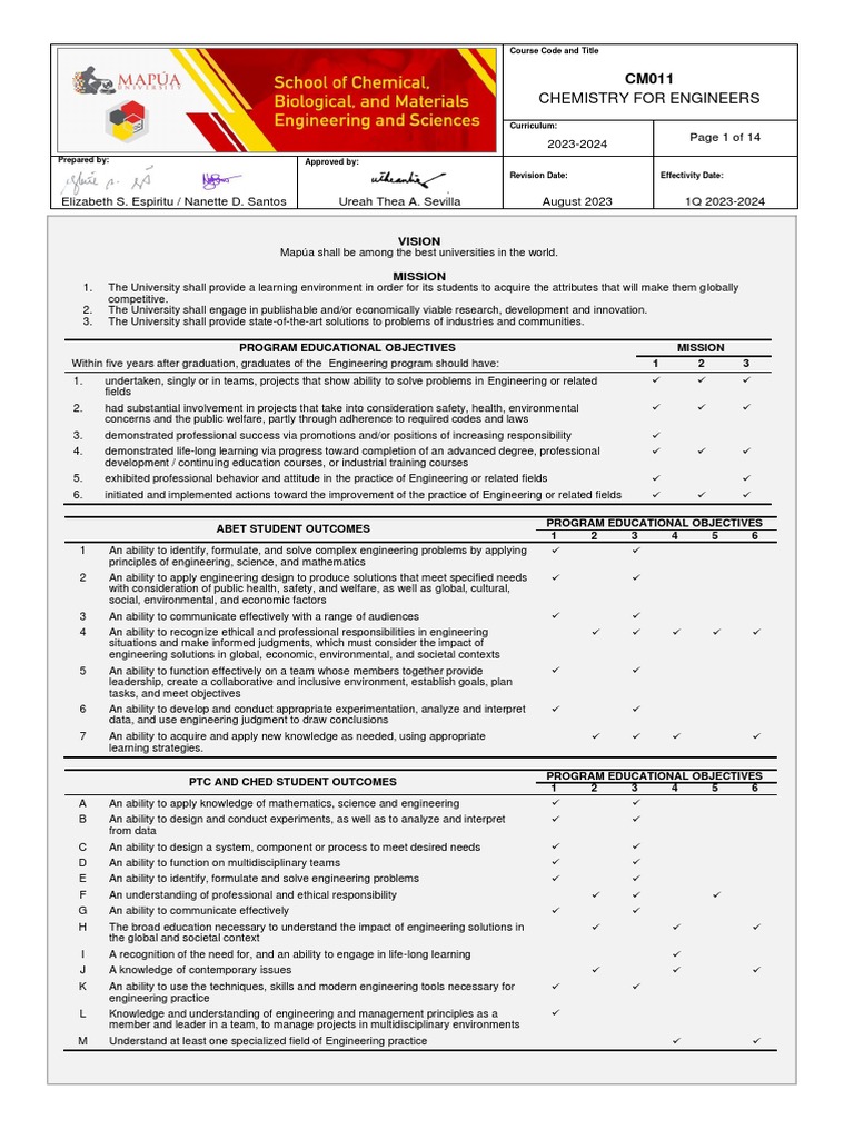 CM011 Chemistry For Engineers Lecture Syllabus | PDF CM011 Chemistry For Engineers Lecture Syllabus | PDF