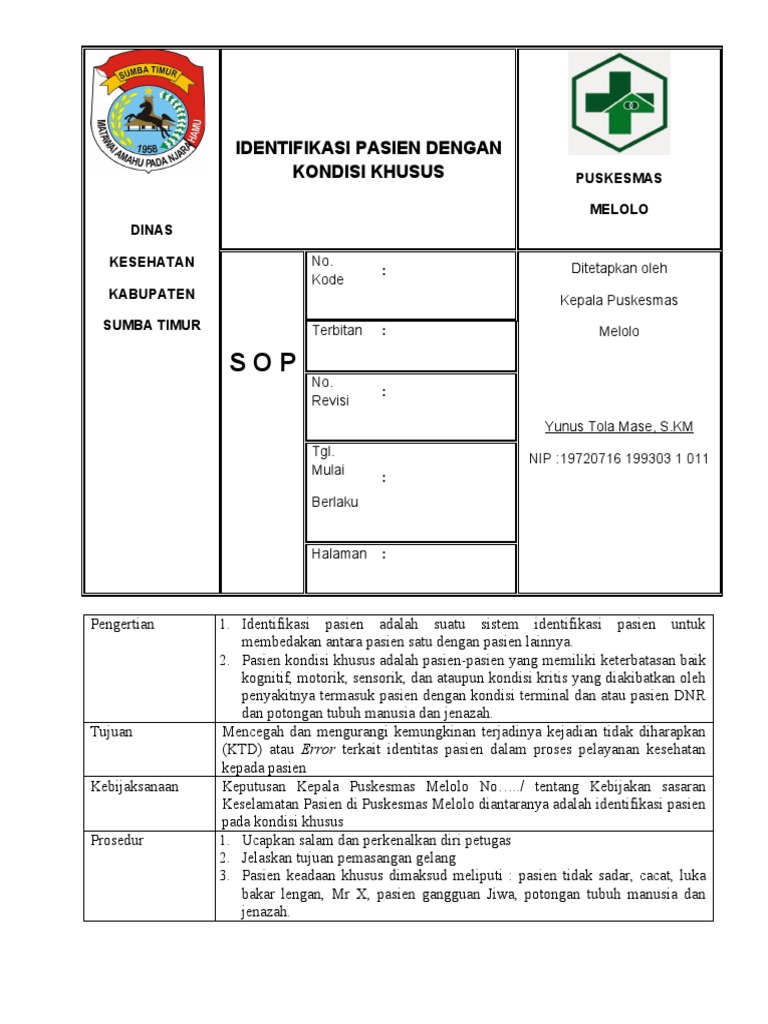 SOP Pelaksanaan Identifikasi Pasien Dengan Kondisi Khusus | PDF