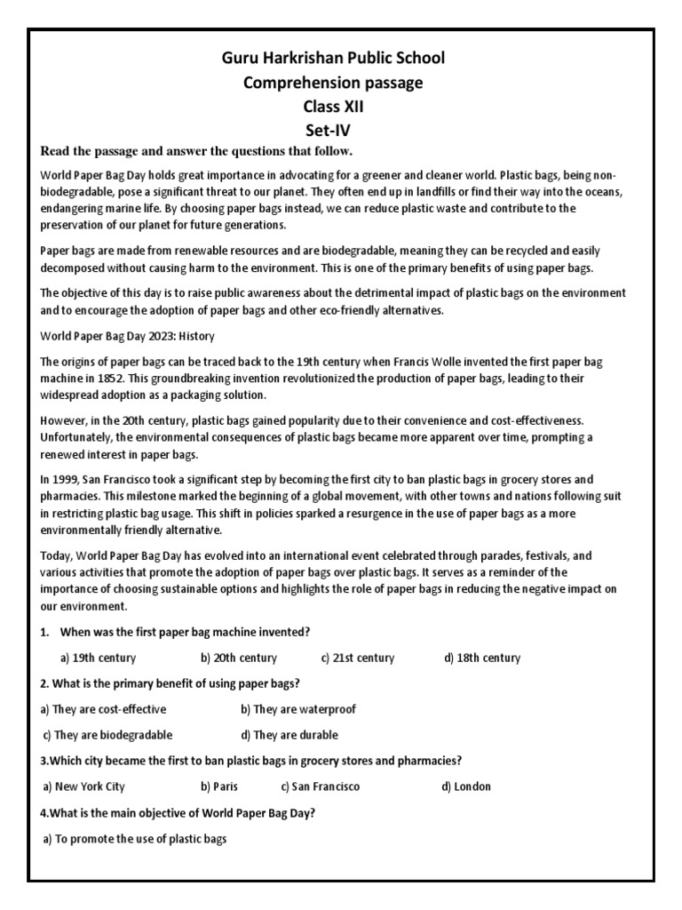 Comprehension Passage - Paper Bag Day | PDF | Plastic | Paper