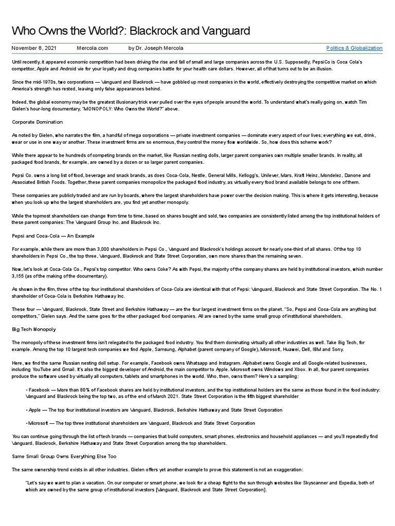 Who Owns The World?: Blackrock and Vanguard | PDF | Business | Finance ...