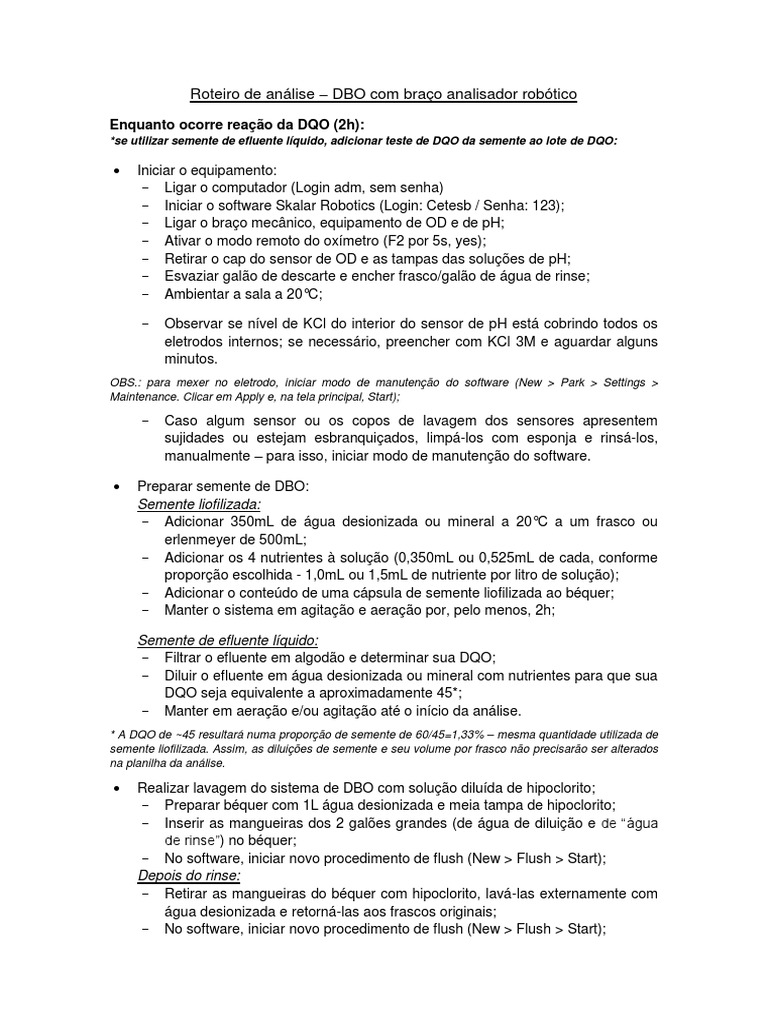 Roteiro de Análise - DBO Automatizada | PDF | Ciências Físicas | Química