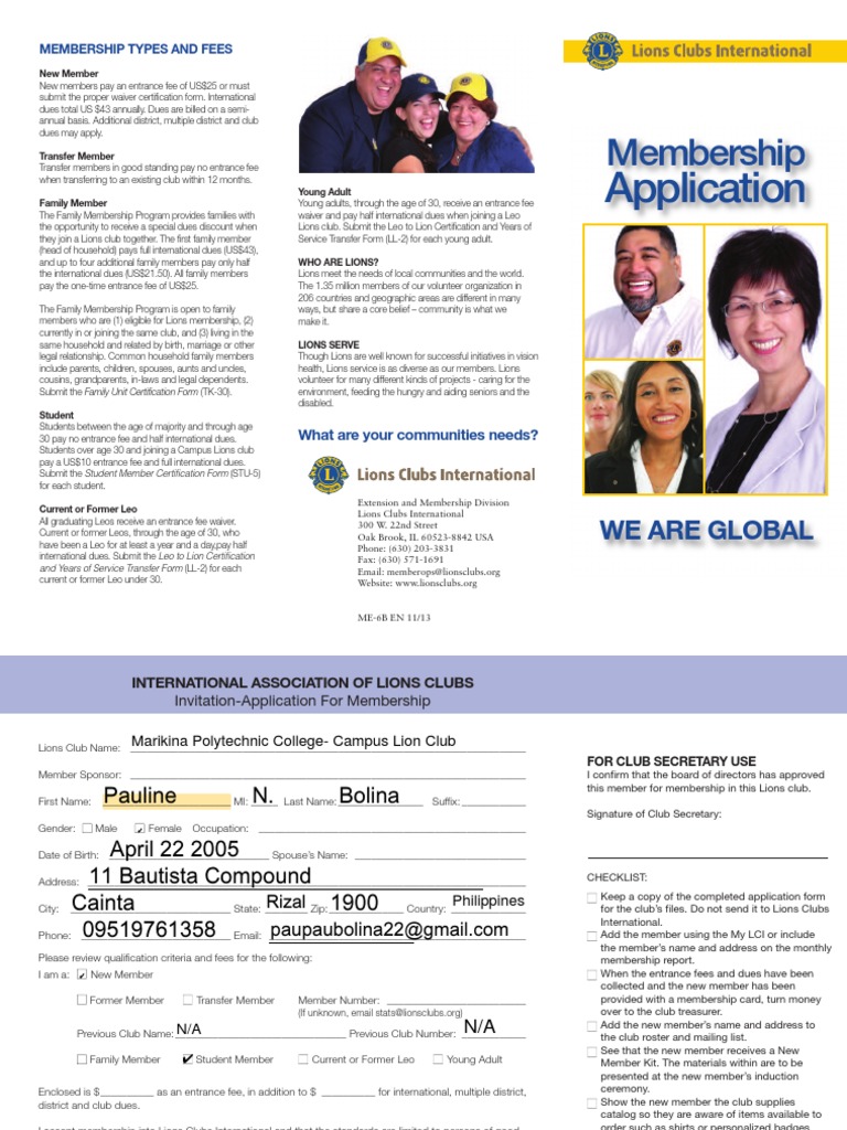 Lions Club Membership Application 111 | PDF | Fee | Business
