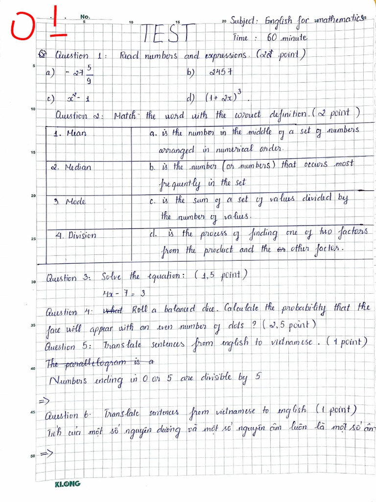 English For Mathematics - Test Example | PDF