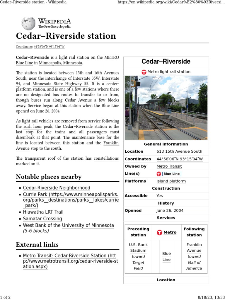 Cedar-Riverside Station - Wikipedia | PDF | Electric Rail Transport ...