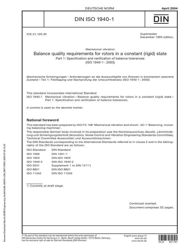 DIN ISO 1940-1: Rotor Balance Standards | PDF