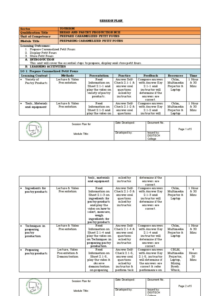 Nicole G Italia Bread Pastry Session Plan | PDF | Lecture | Cuisine