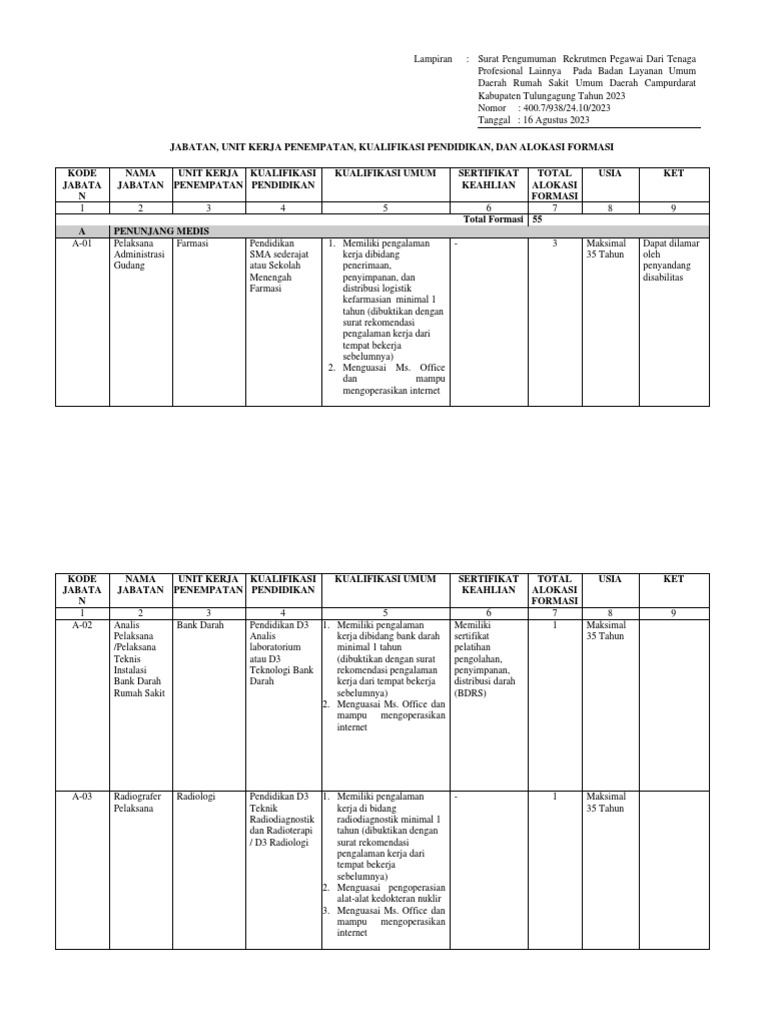 Lampiran Rekrutmen Rsud Campurdarat | PDF