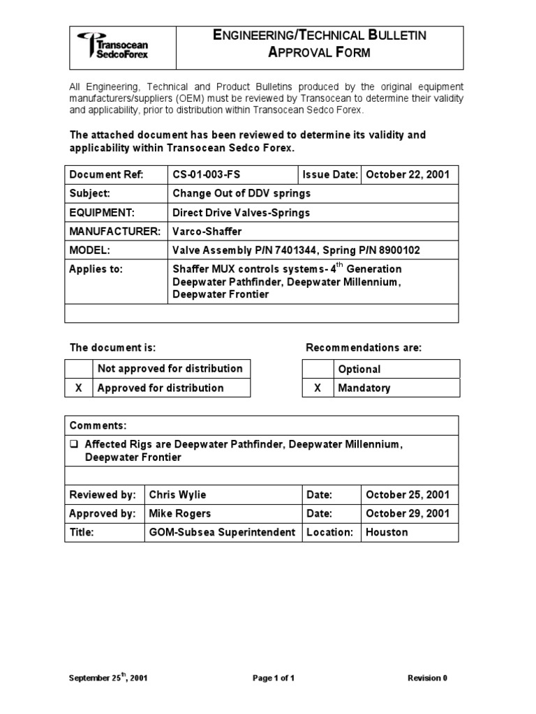 DDV Spring Change Approval Bulletin | PDF | Valve | Manufactured Goods
