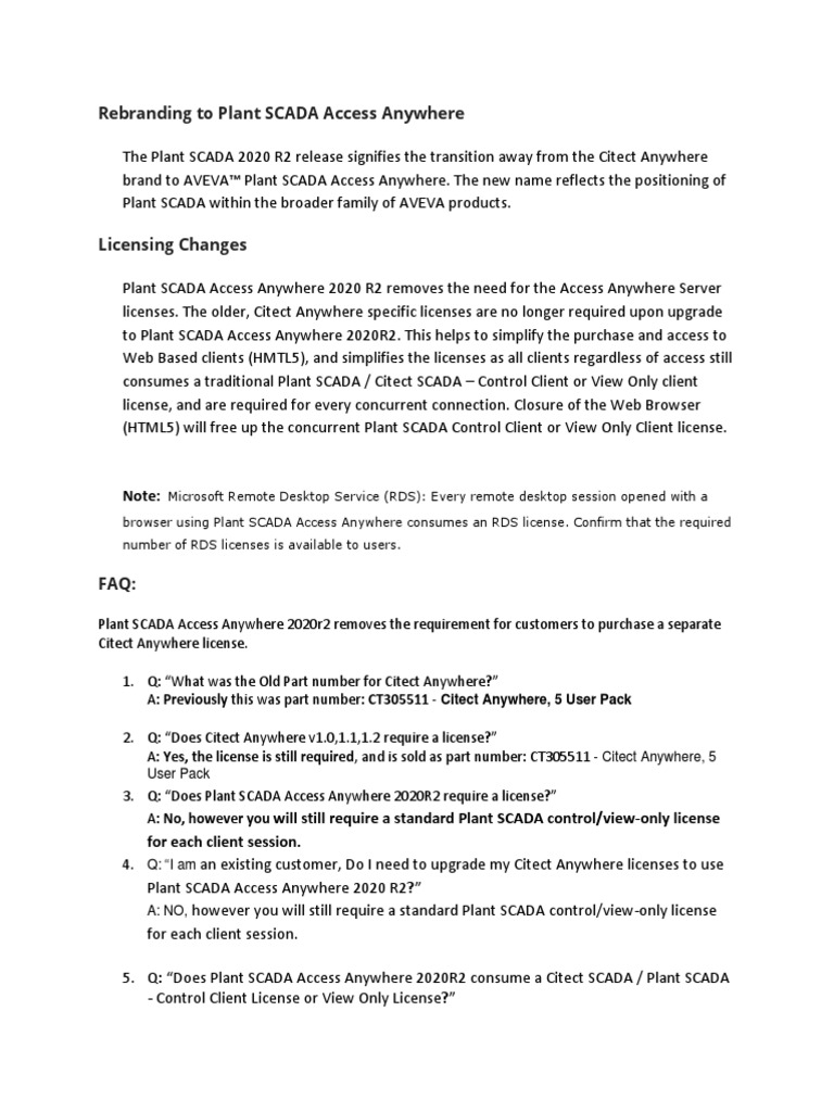 AVEVA Plant SCADA Access Anywhere 2020R2 FAQ v3 | PDF | Remote Desktop Services | Scada