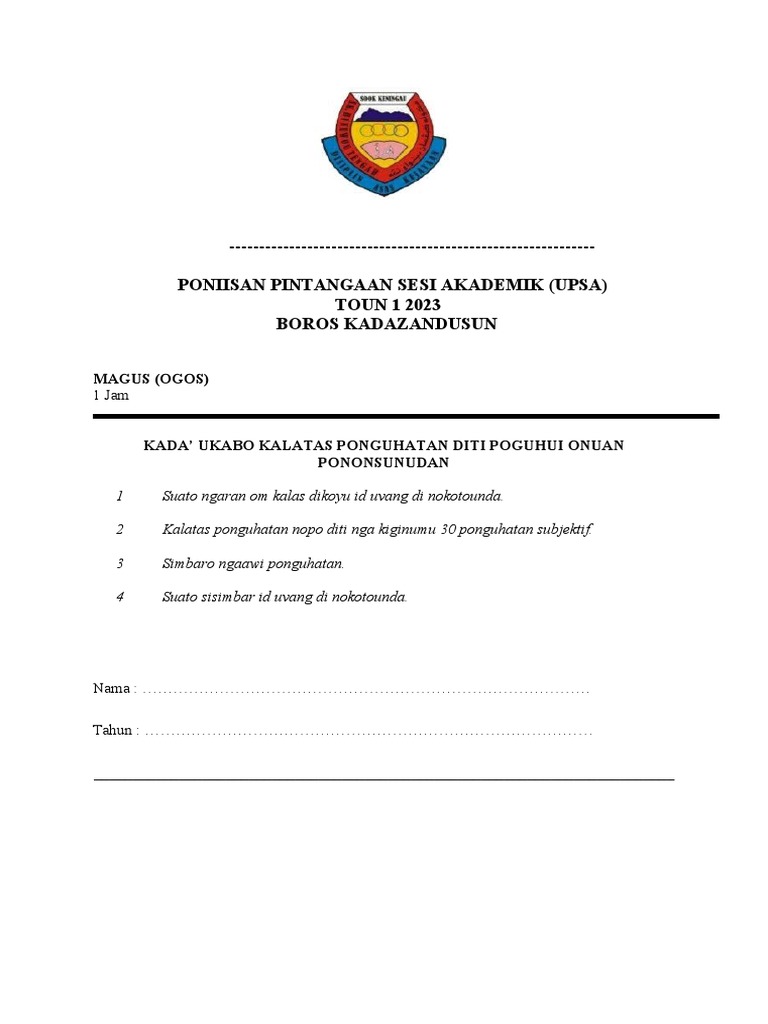 Kertas Ujian sesi akademik (upsa) Bahasa Kadazandusun Bkd Tahun 1 2023 | PDF