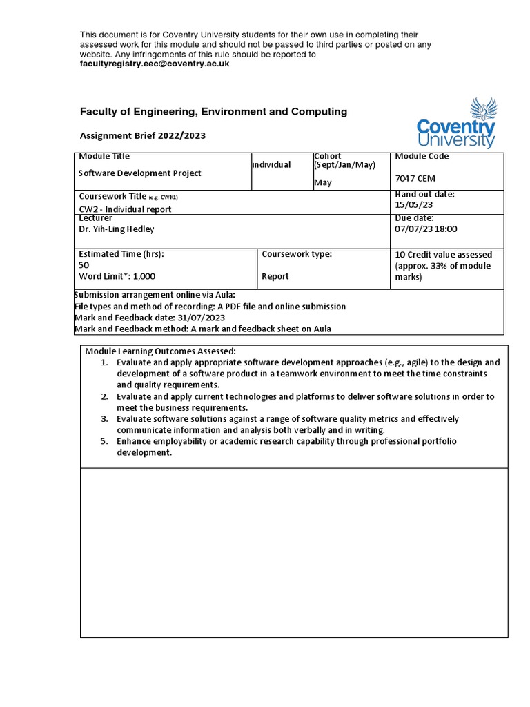 Coursework 2 Individual Report Brief - 7047CEM May 2023 | PDF