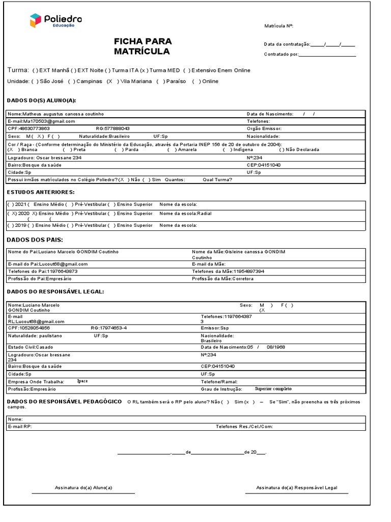Cópia de Ficha de MatrÃ - Cula 2022 - Modelo | PDF