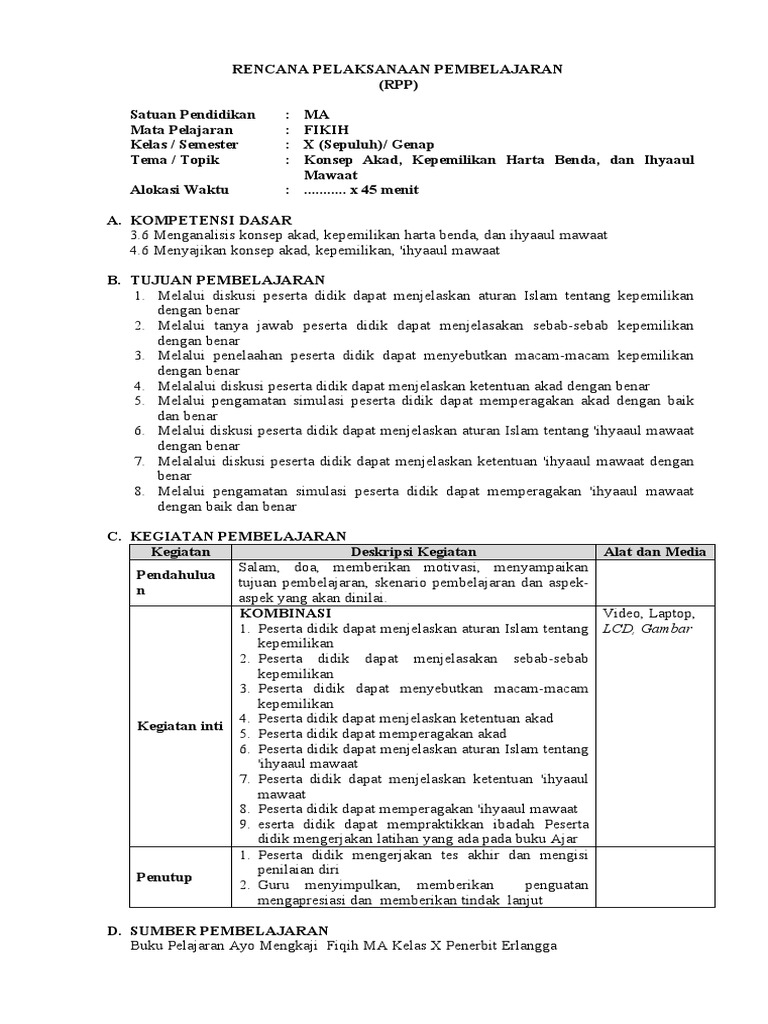 RPP FIKIH MA Kelas X Semester 2 | PDF | Sains & Matematika