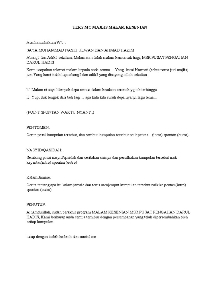 Teks MC Majlis Malam Kesenian | PDF