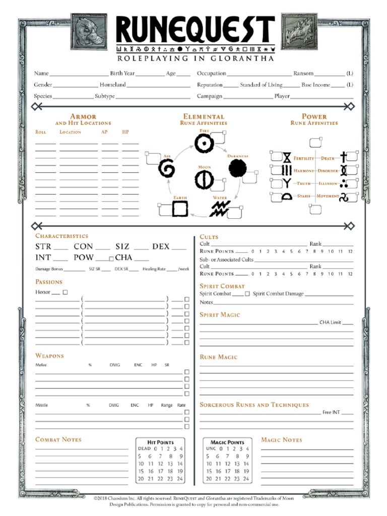 Runequest - Non-Human Character Sheet | PDF
