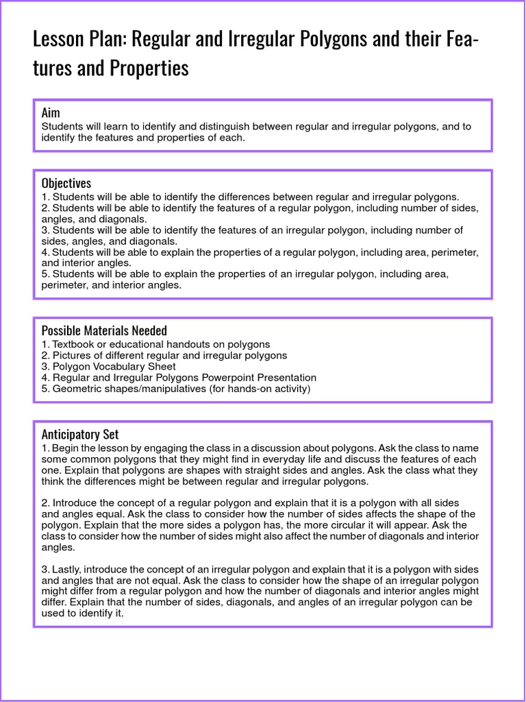 Regular and Irregular Polygons and Their Features and Properties Lesson Plan | PDF