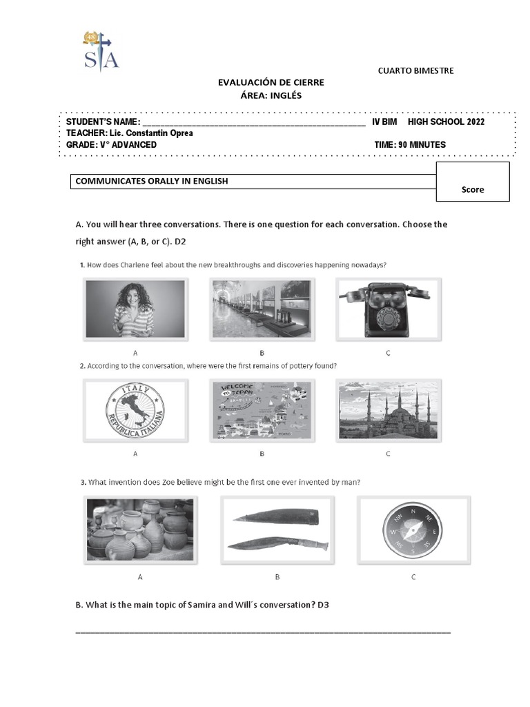 Evaluación de Verificación V, Iv Bimestre | PDF | Cognition | Science