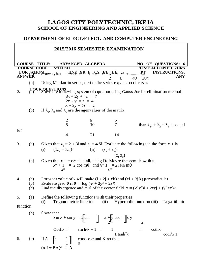 Advanced Algebra Exam - MTH 311 | PDF