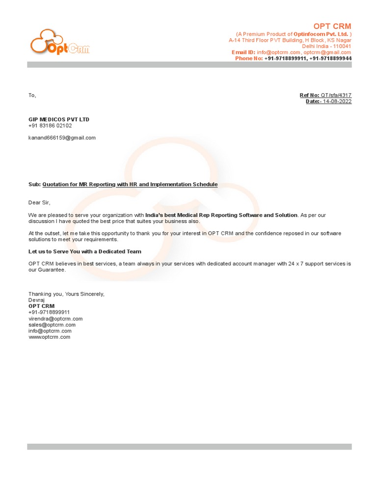 QTsfa4317-Dir-OptCRM SFA Quotation GIP MEDICOS PVT LTD PVT LTD | PDF | Computing | Information ...