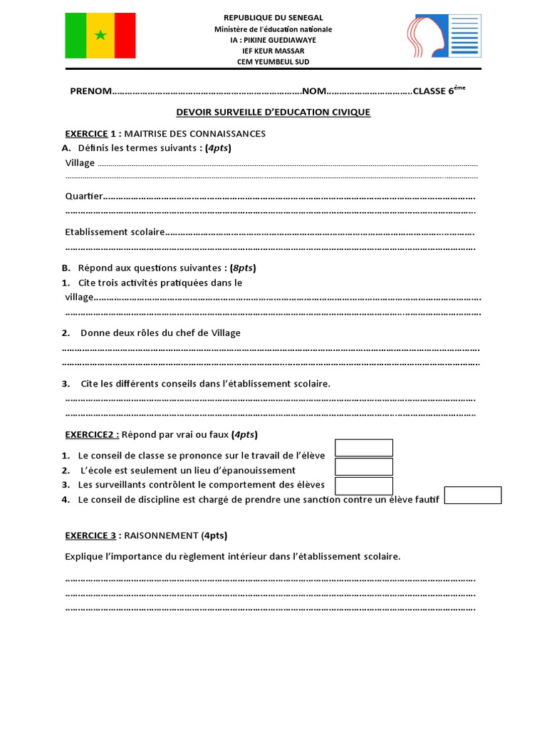 Devoir Ec Niveau 6eme | PDF | Jeux et activités | Méthodes et références pédagogiques