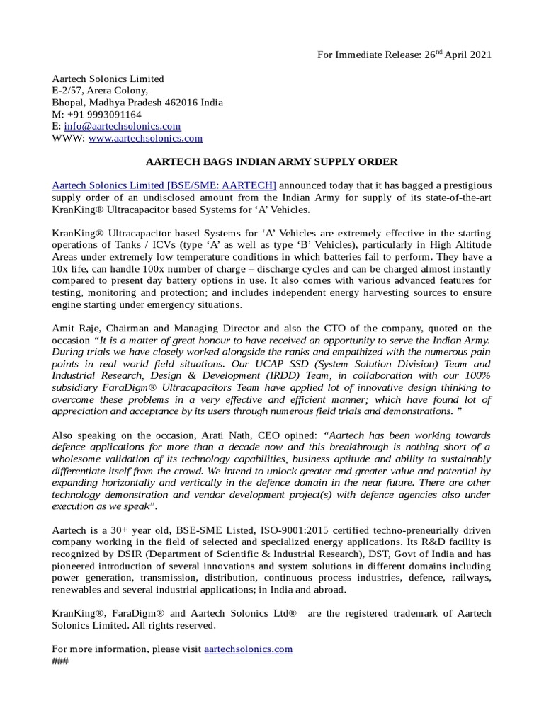 Press Release Indian Army Supply Order | PDF