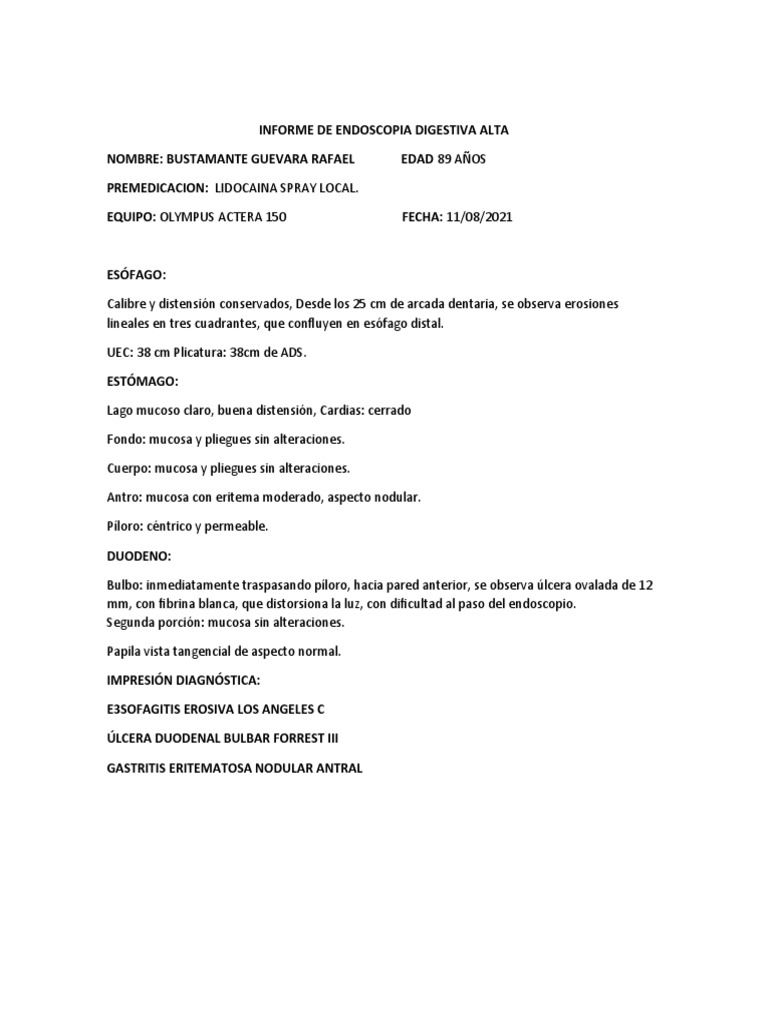 Informe de Endoscopia Digestiva Alta Bustamante | PDF