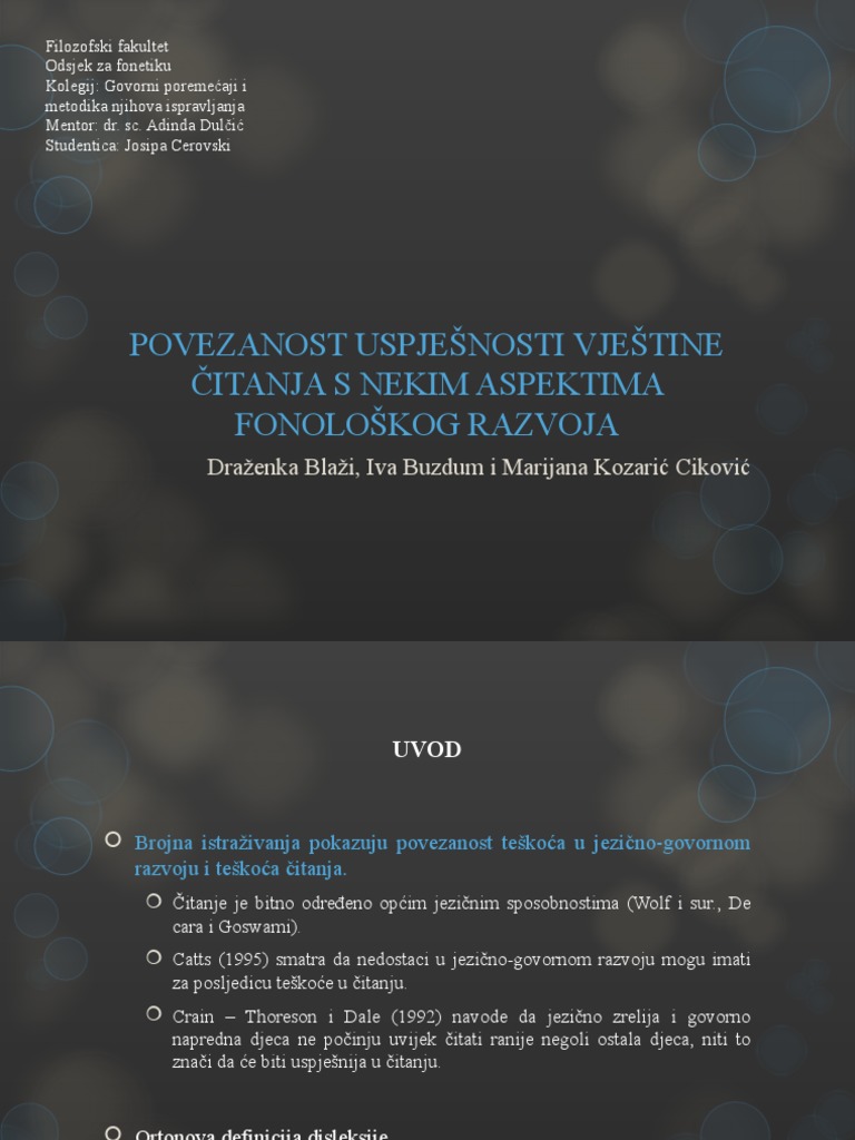 Povezanost Uspješnosti Vještine Čitanja S Nekim Aspektima Fonološkog | PDF