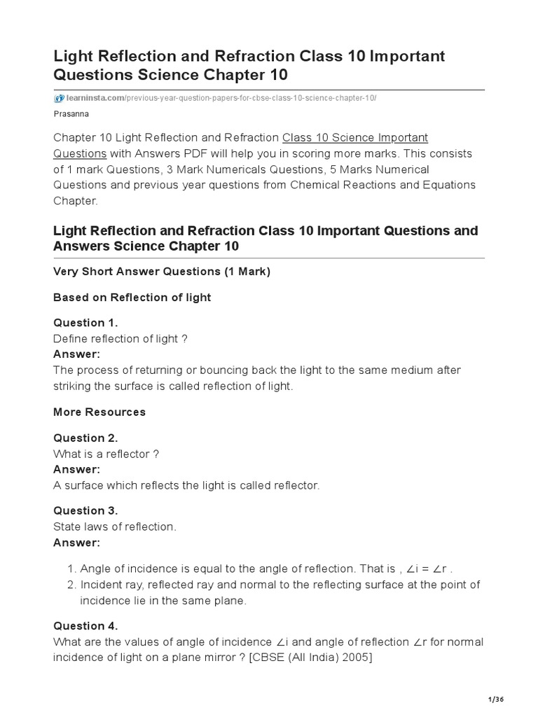 Light Reflection and Refraction Class 10 Important Questions Science ...
