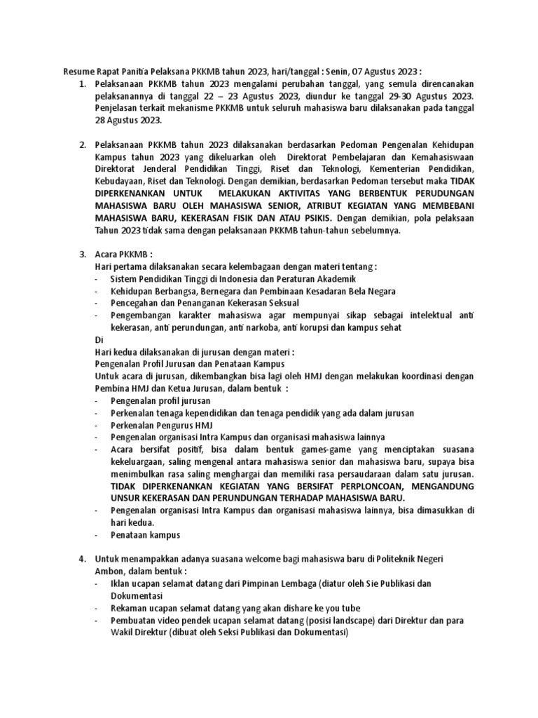 Resume Rapat Panitia Pelaksana PKKMB Tahun 2023 | PDF
