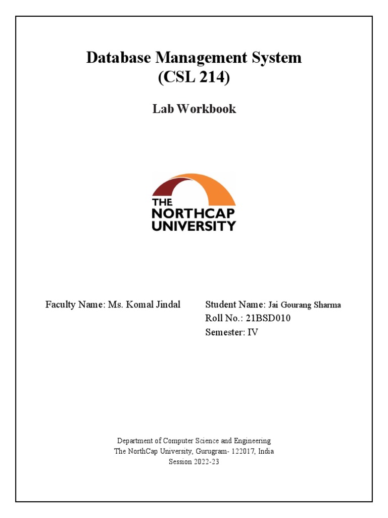 DBMS Workbook Jai21bsd010 | PDF | Relational Database | Information Science