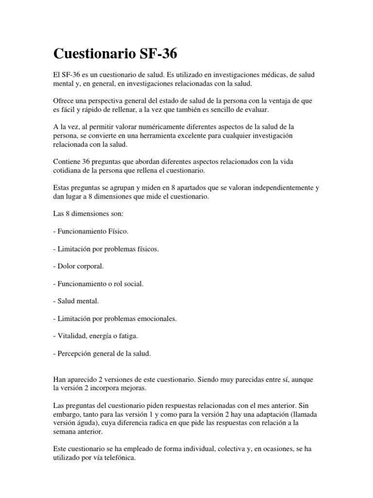 Cuestionario SF 36 | Cuestionario | Salud mental